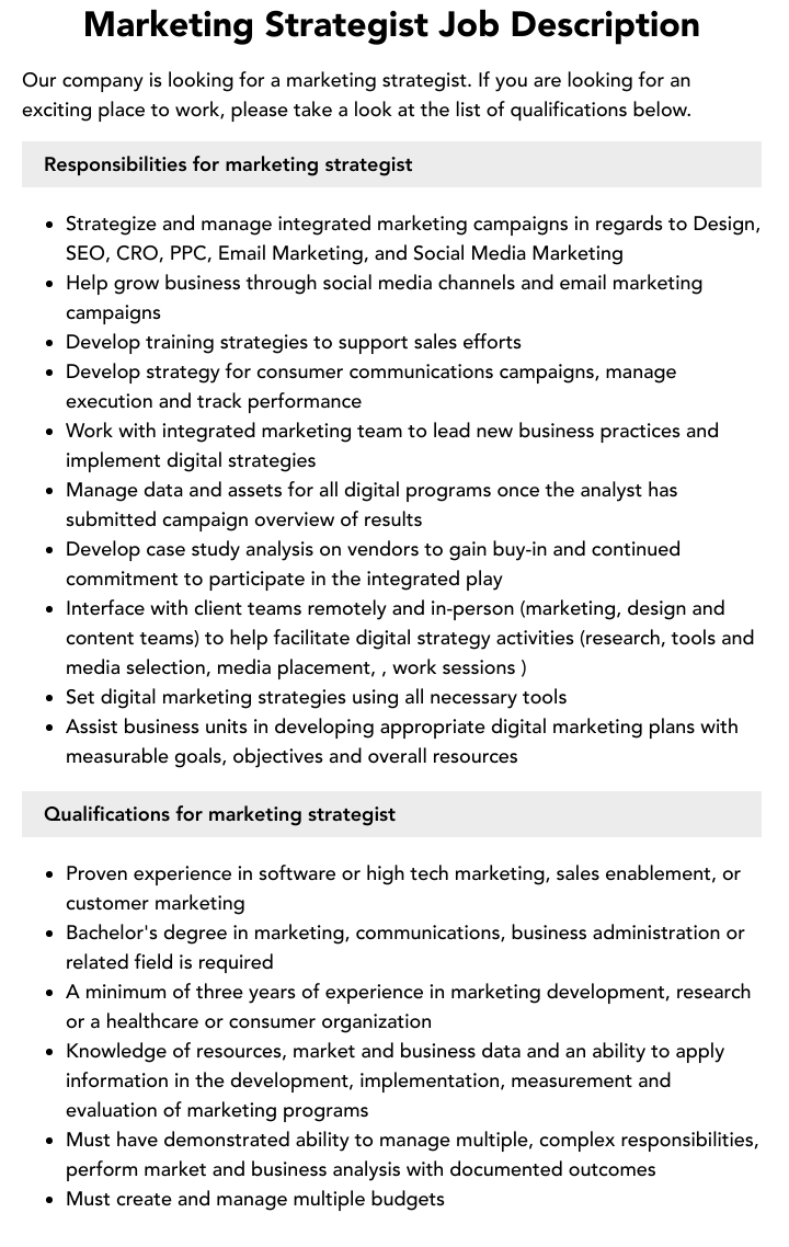 Marketing Strategist Job Description Velvet Jobs