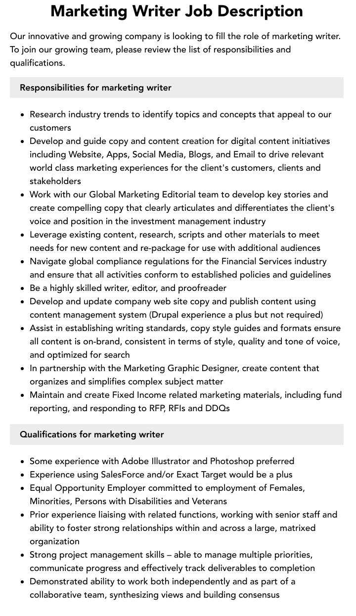Marketing Writer Job Description Velvet Jobs