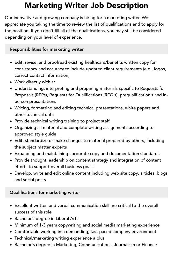 Marketing Writer Job Description Velvet Jobs