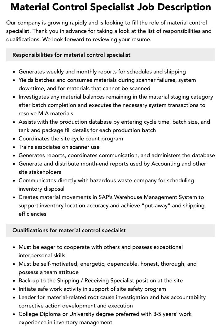 Material Control Specialist Job Description Velvet Jobs