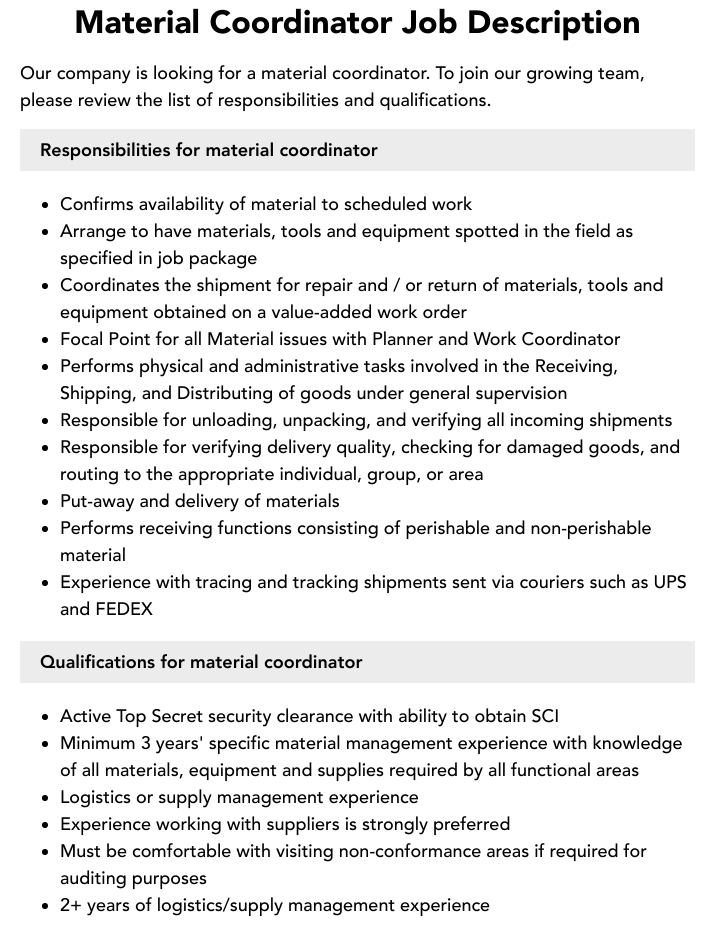 Material Coordinator Job Description Velvet Jobs Material Coordinator Job Description Velvet Jobs