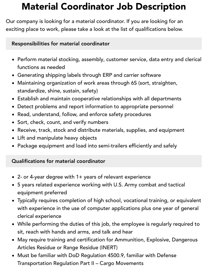 Material Coordinator Job Description Velvet Jobs Material Coordinator Job Description Velvet Jobs