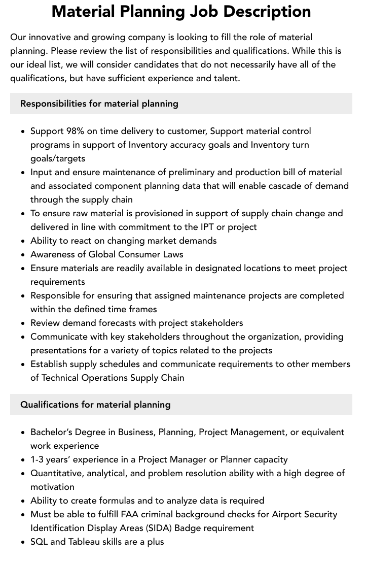 Material Planning Job Description Velvet Jobs