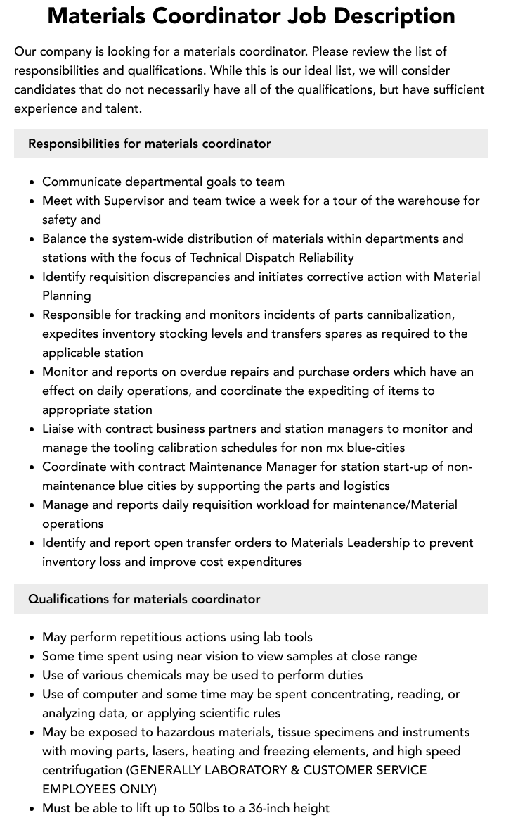Materials Coordinator Job Description Velvet Jobs Materials Coordinator Job Description Velvet Jobs