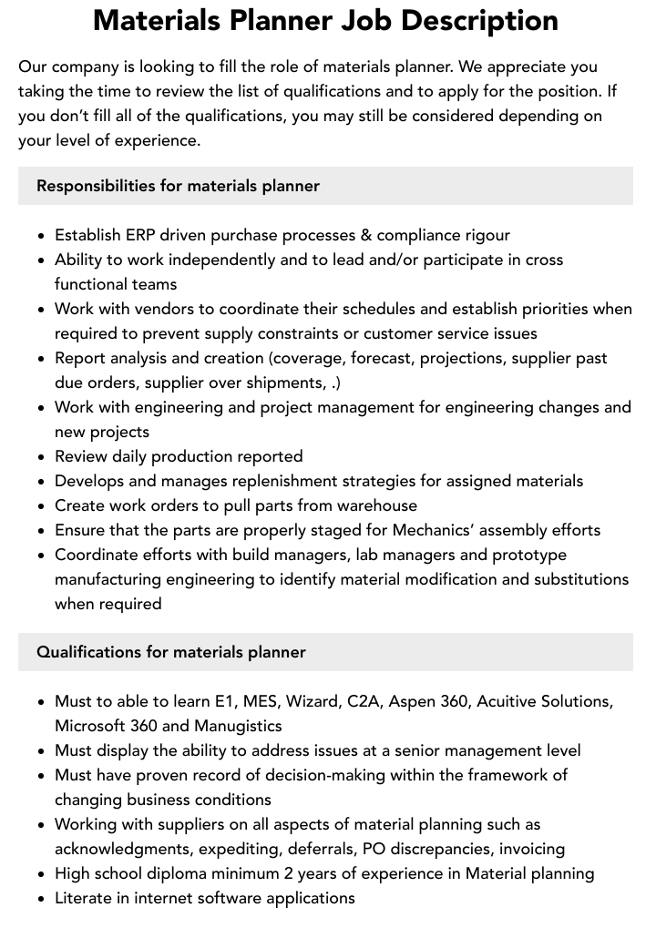 Materials Planner Job Description Velvet Jobs