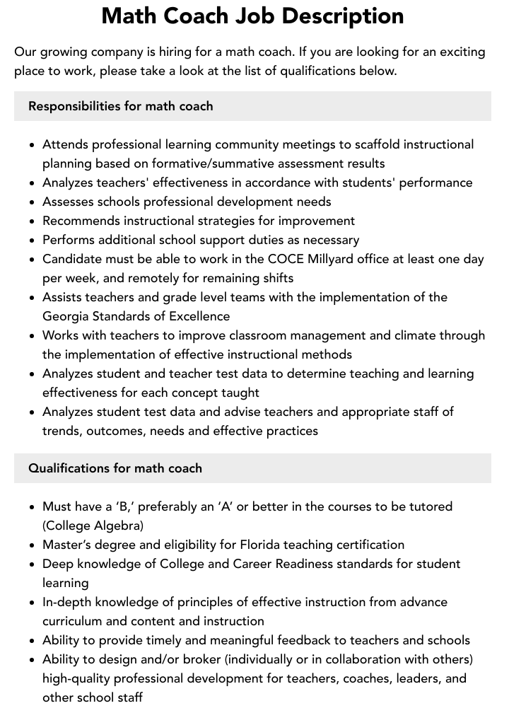 Math Coach Job Description Velvet Jobs