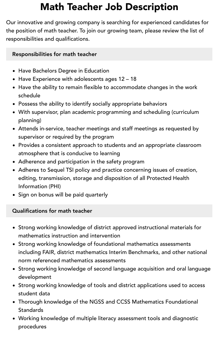 Math Teacher Job Description Velvet Jobs Math Teacher Job Description Velvet Jobs