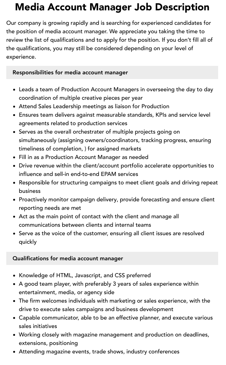 Media Account Manager Job Description Velvet Jobs
