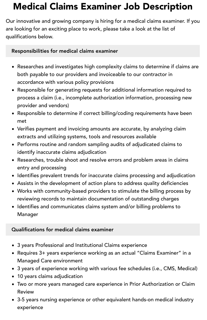 Medical Claims Examiner Job Description Velvet Jobs Medical Claims Examiner Job Description Velvet Jobs