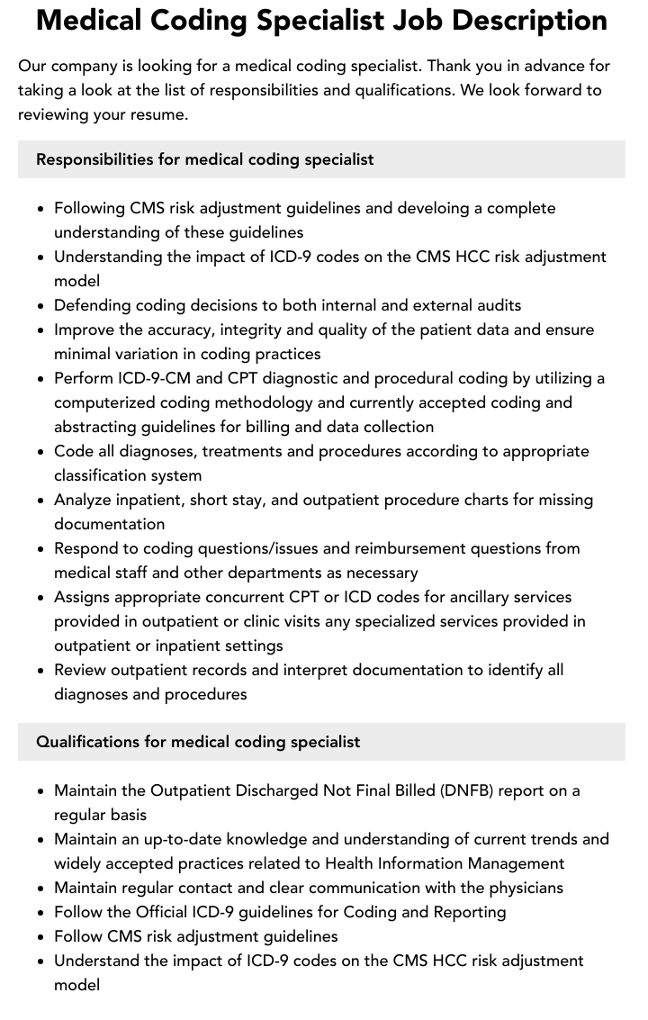 Medical Coding Specialist Job Description Velvet Jobs