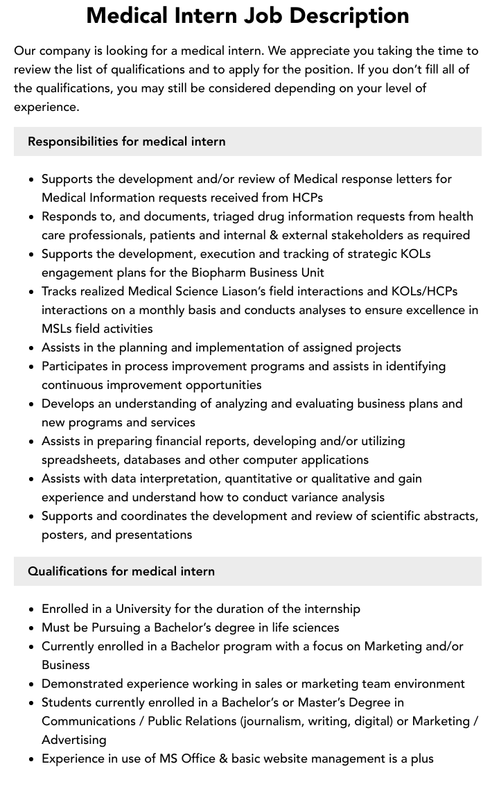 Medical Intern Job Description Velvet Jobs