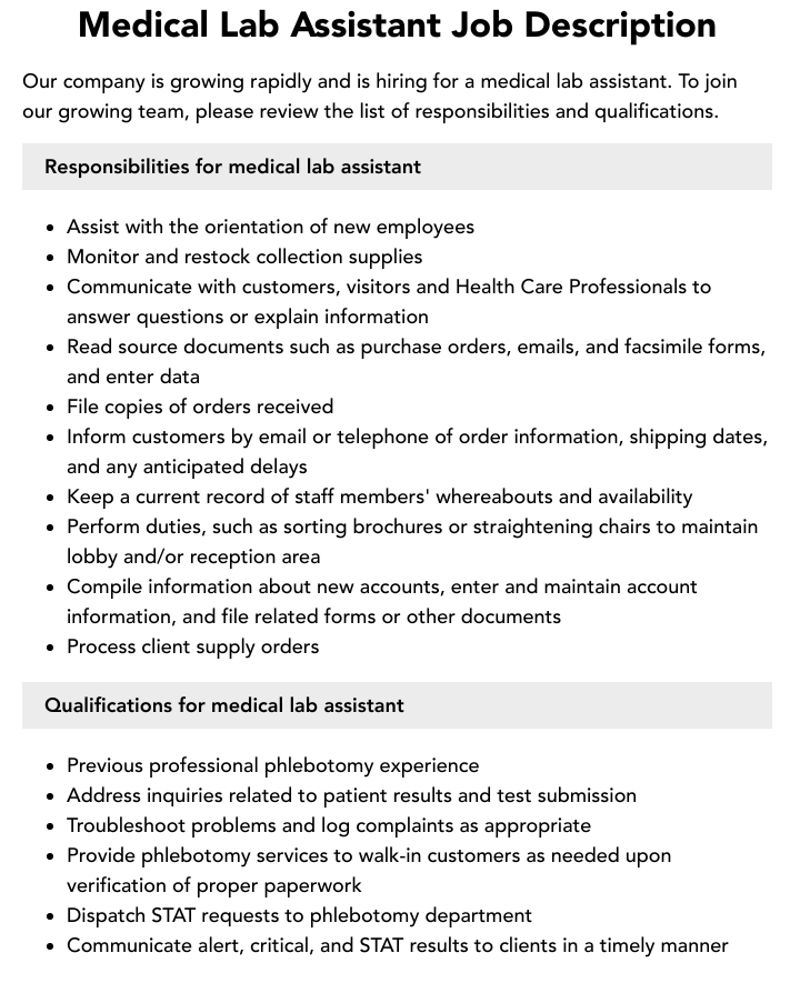 Medical Lab Assistant Job Description Velvet Jobs