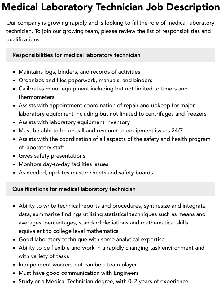 Medical Laboratory Technician Job Description Velvet Jobs