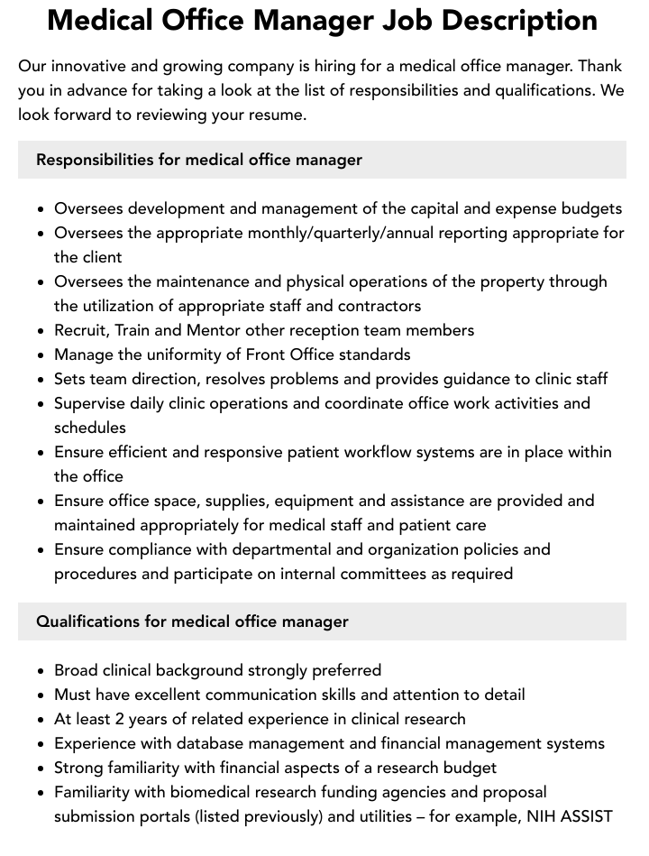 Medical Office Manager Job Description Velvet Jobs