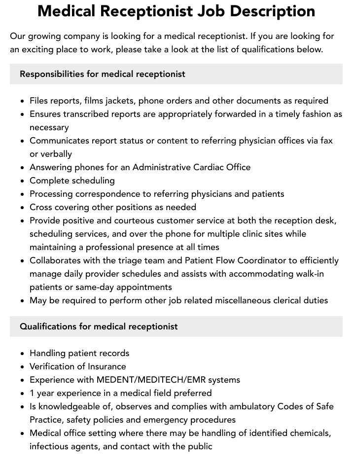 Medical Receptionist Job Description Velvet Jobs