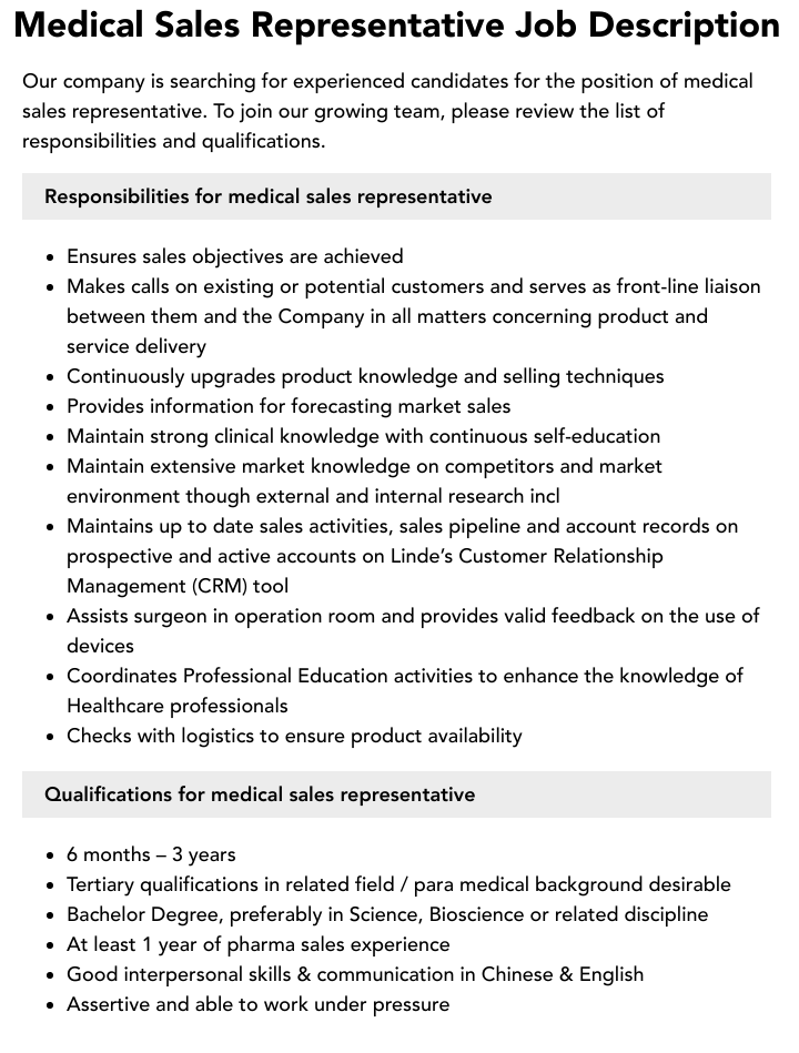 Medical Sales Representative Job Description Velvet Jobs