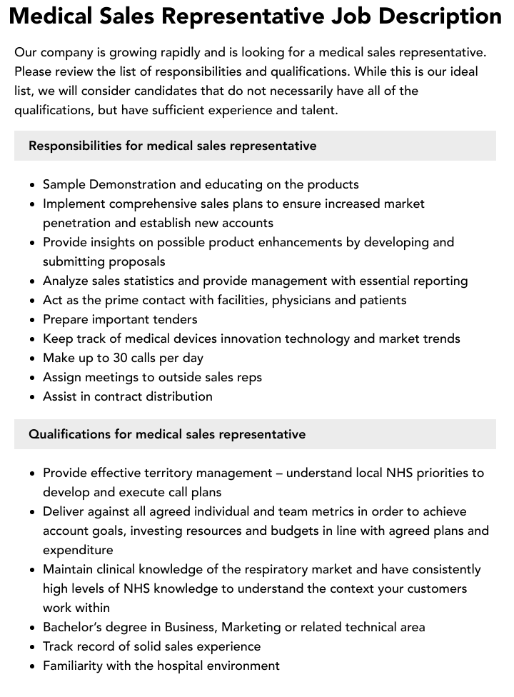 Medical Sales Representative Job Description Velvet Jobs