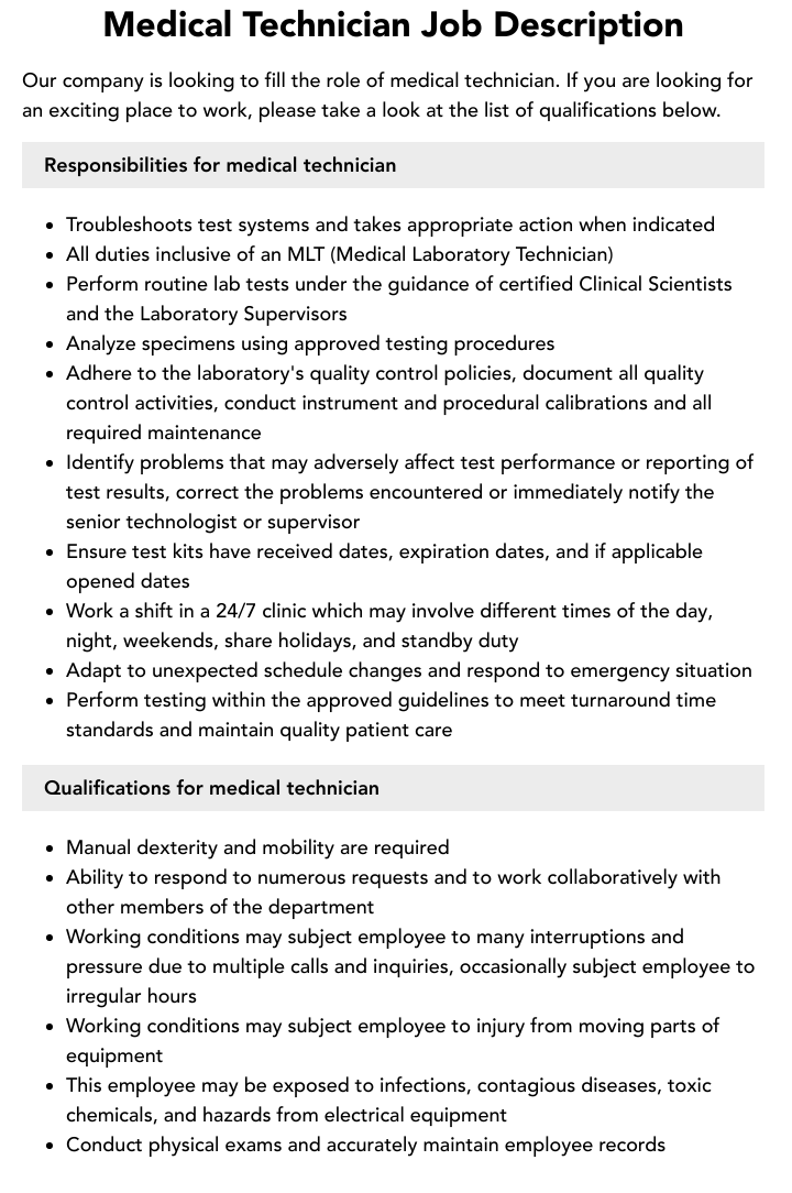 Medical Technician Job Description Velvet Jobs Medical Technician Job Description Velvet Jobs