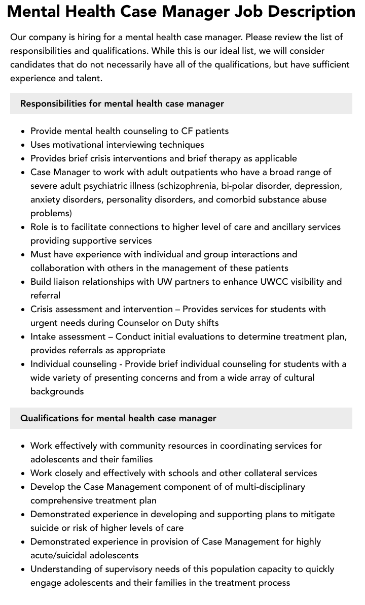 Mental Health Case Manager Job Description Velvet Jobs