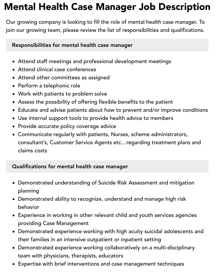 Mental Health Case Manager Job Description Velvet Jobs