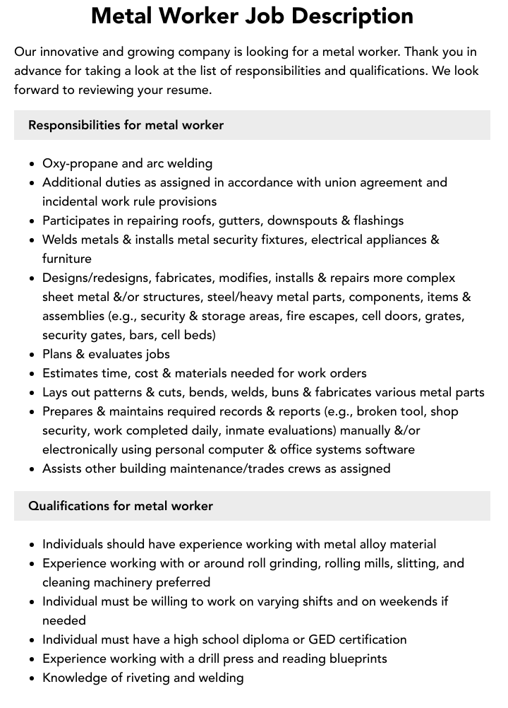Metal Worker Job Description Velvet Jobs