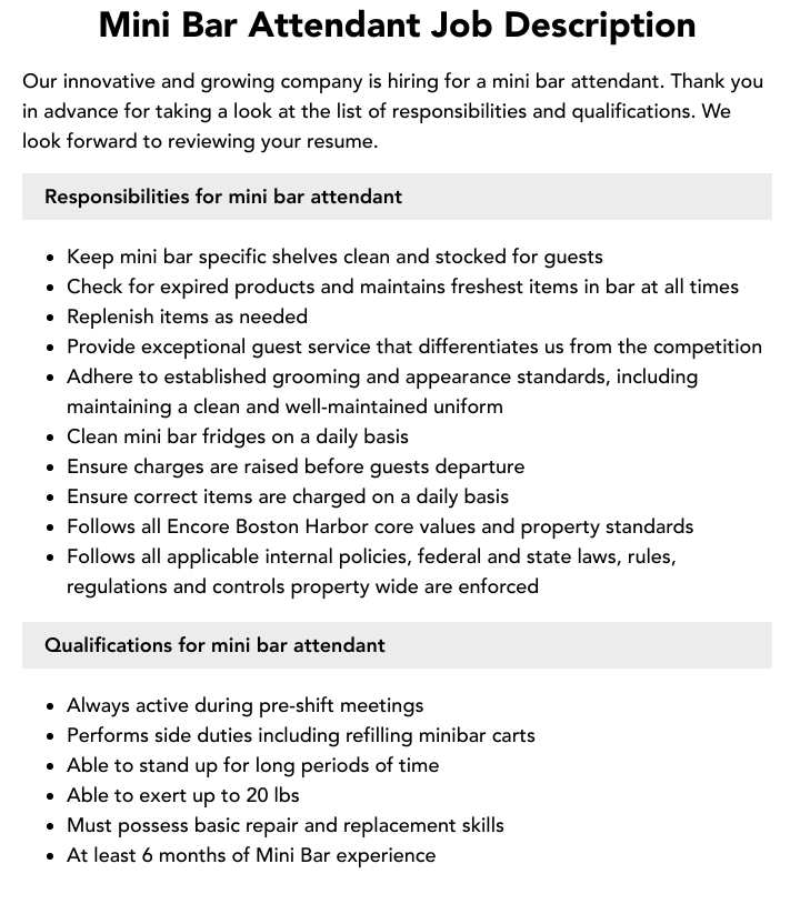 Mini Bar Attendant Job Description Velvet Jobs