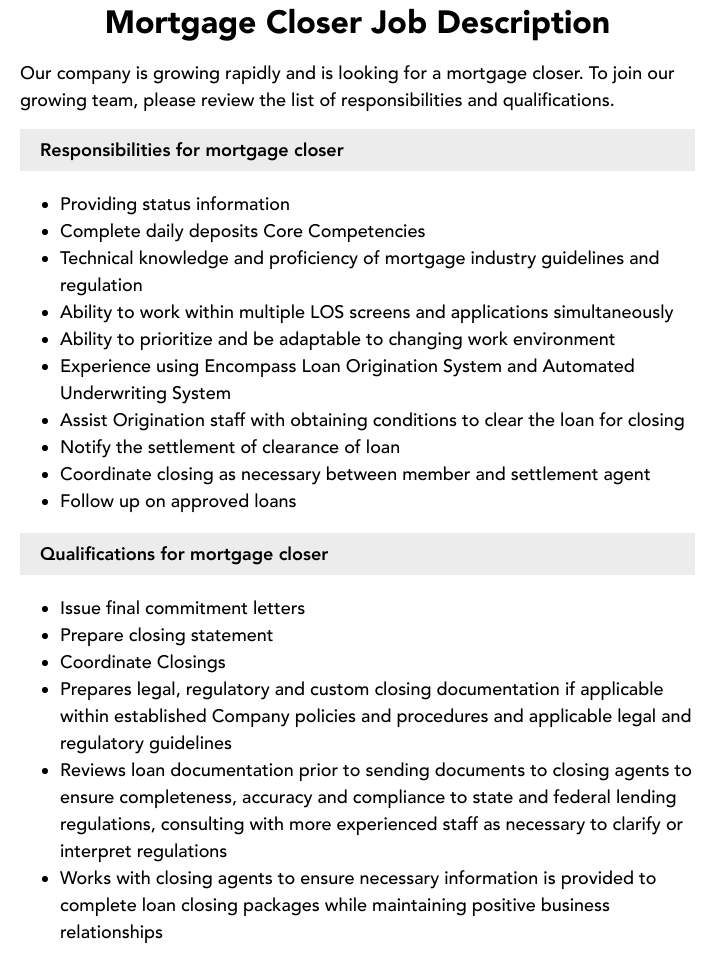 Mortgage Closer Job Description Velvet Jobs Mortgage Closer Job Description Velvet Jobs