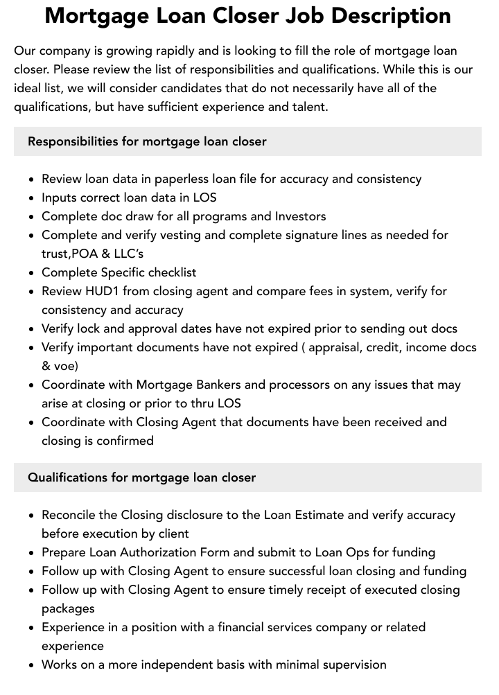 Mortgage Loan Closer Job Description Velvet Jobs Mortgage Loan Closer Job Description Velvet Jobs
