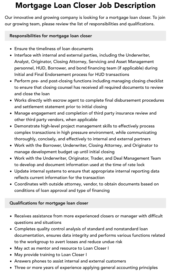 Mortgage Loan Closer Job Description Velvet Jobs
