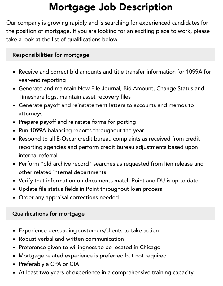 Mortgage Job Description Velvet Jobs