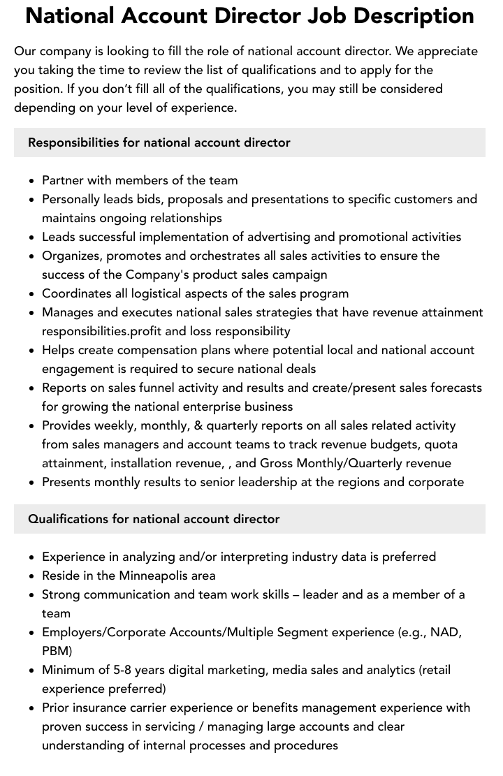National Account Director Job Description Velvet Jobs