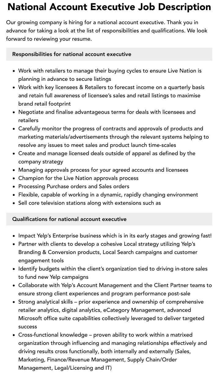 National Account Executive Job Description Velvet Jobs National Account Executive Job Description Velvet Jobs