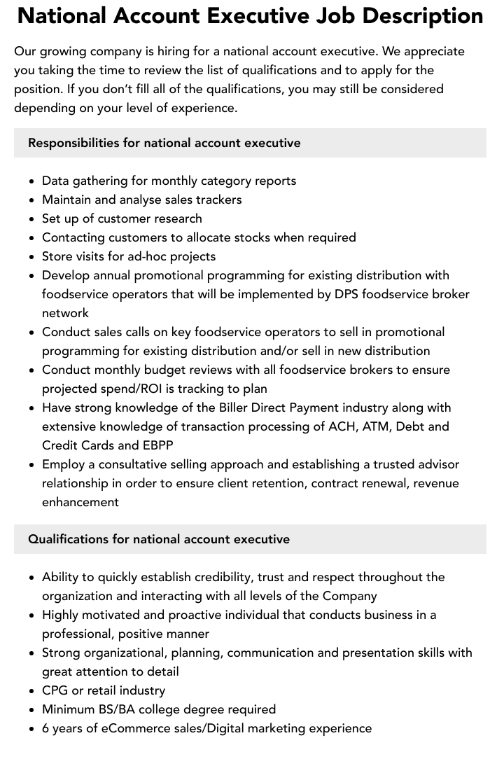 National Account Executive Job Description Velvet Jobs National Account Executive Job Description Velvet Jobs