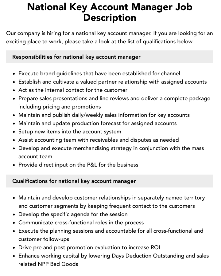 National Key Account Manager Job Description Velvet Jobs
