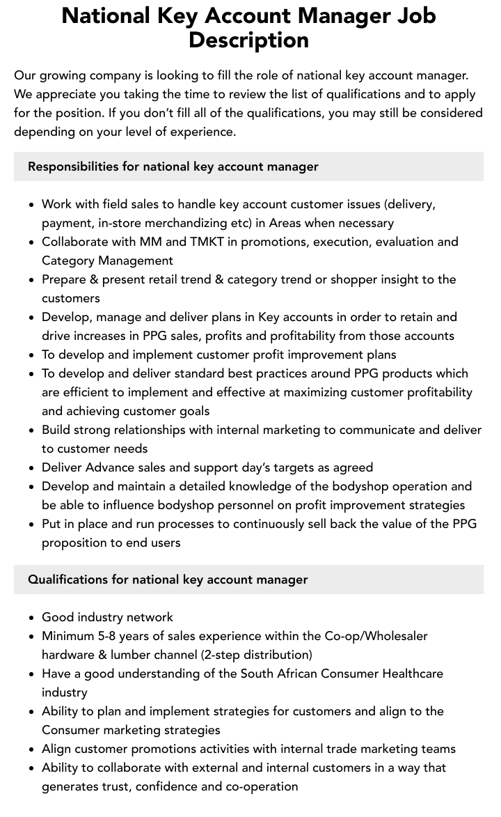 National Key Account Manager Job Description Velvet Jobs