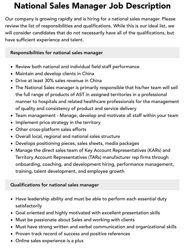 National Sales Manager Job Description Velvet Jobs