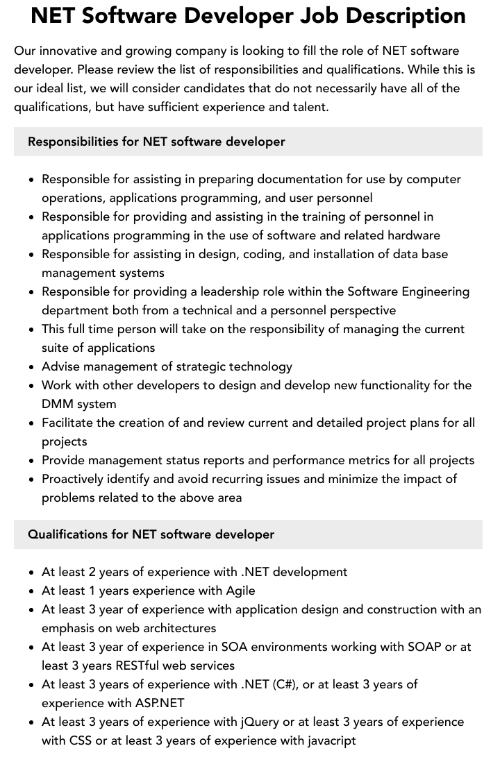 NET Software Developer Job Description Velvet Jobs