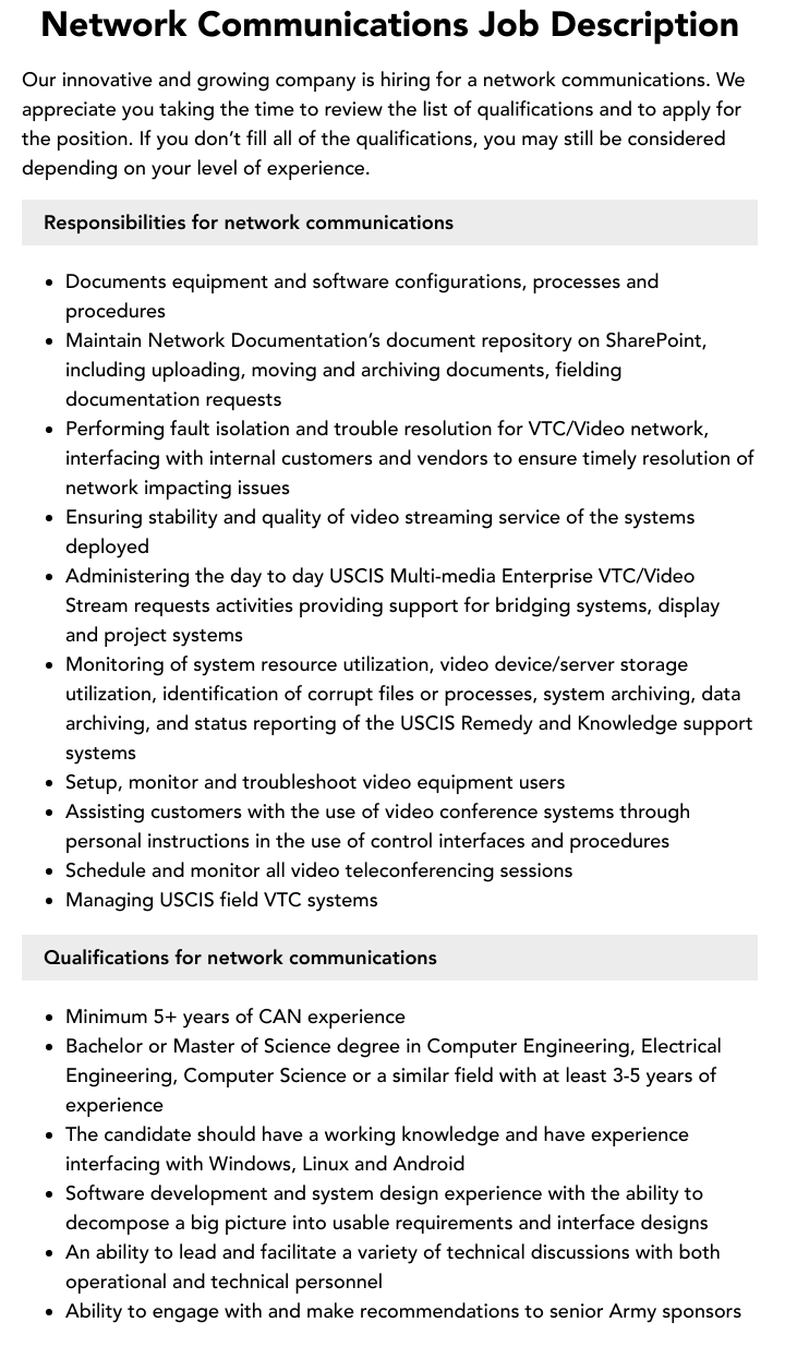 Network Communications Job Description Velvet Jobs