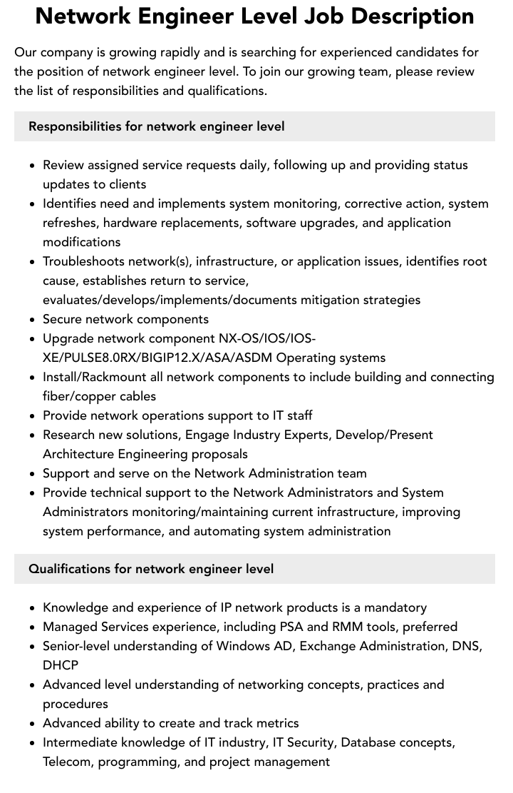 Network Engineer Level Job Description Velvet Jobs
