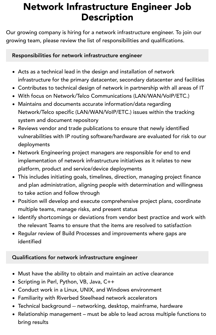 Network Infrastructure Engineer Job Description Velvet Jobs