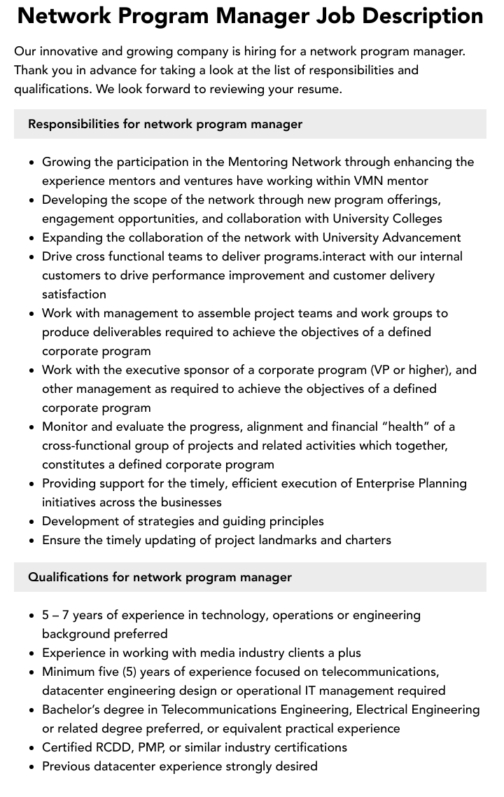 Network Program Manager Job Description Velvet Jobs