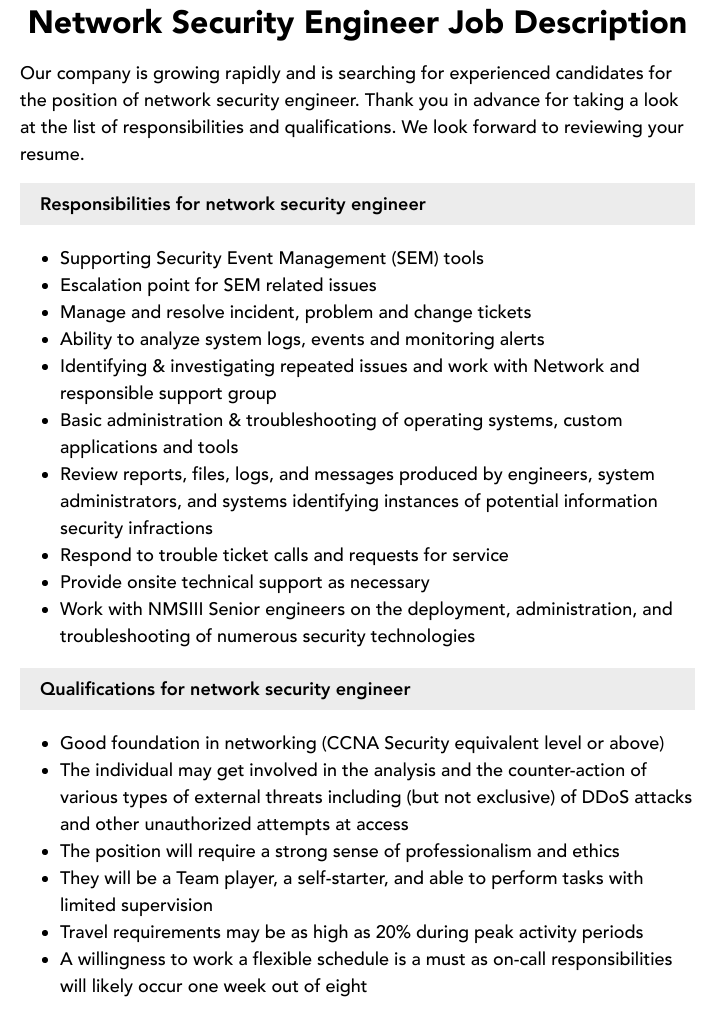 Network Security Engineer Job Description Velvet Jobs