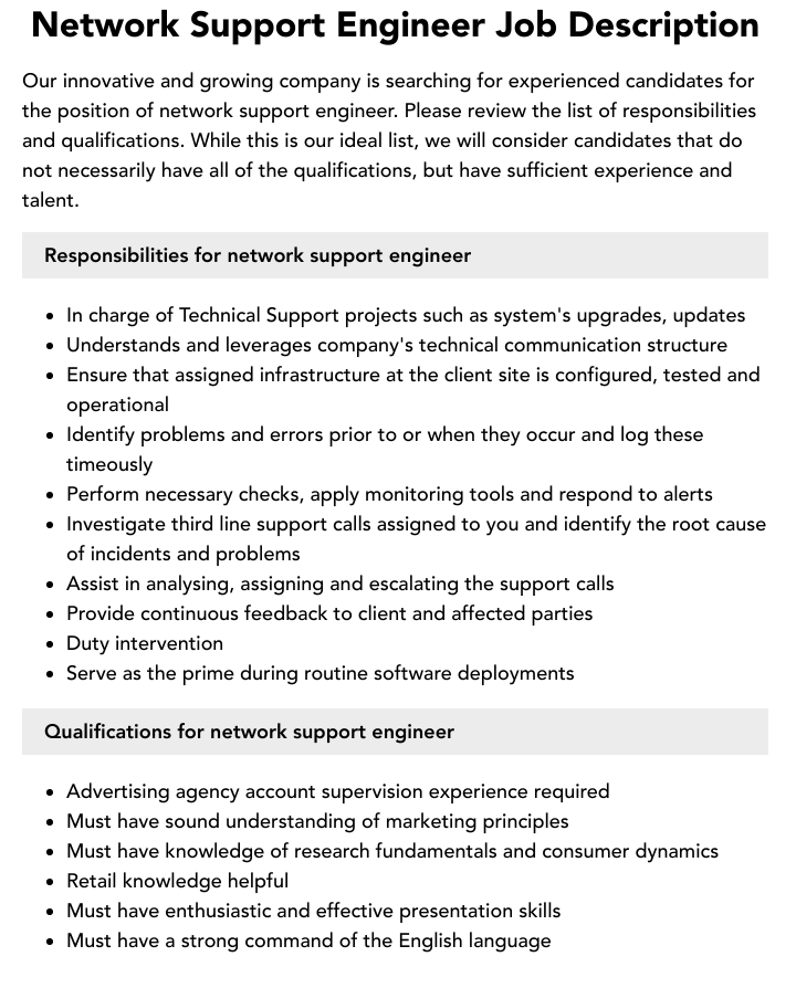 Network Support Engineer Job Description Velvet Jobs