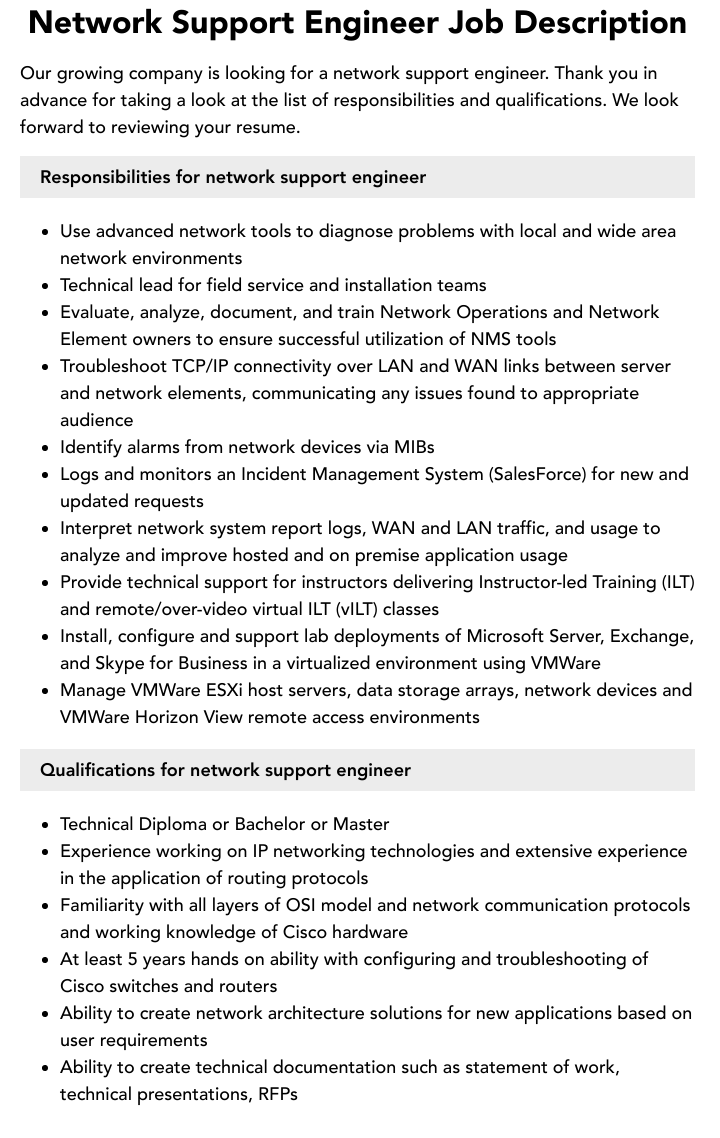 Network Support Engineer Job Description Velvet Jobs