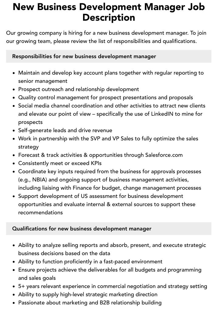 New Business Development Manager Job Description Velvet Jobs