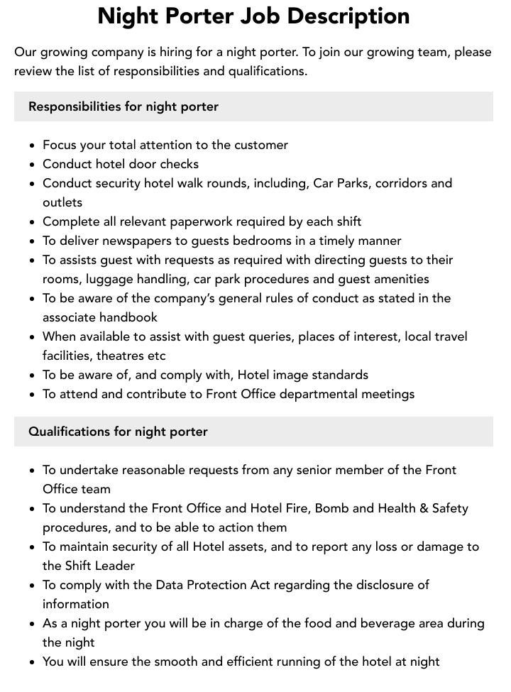 Night Porter Job Description Velvet Jobs Night Porter Job Description Velvet Jobs