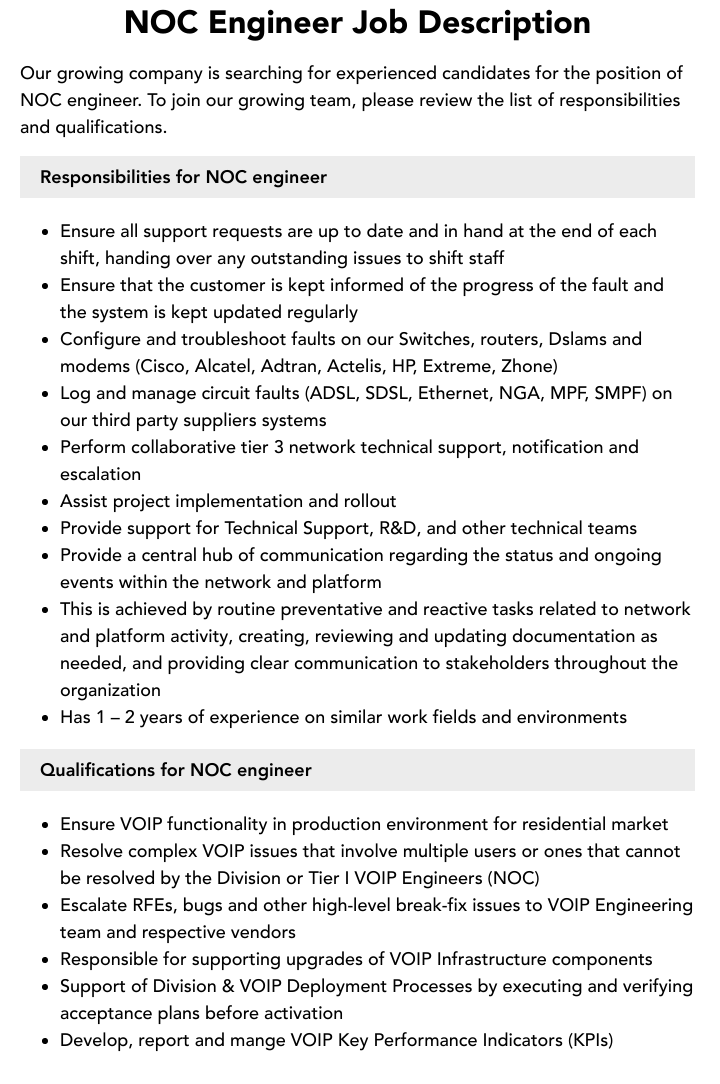 NOC Engineer Job Description Velvet Jobs
