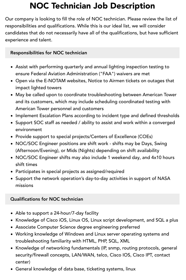 NOC Technician Job Description Velvet Jobs