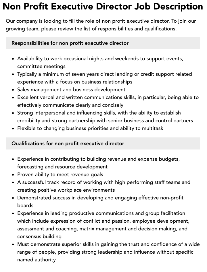 Nonprofit Executive Director Job Description Velvet Jobs