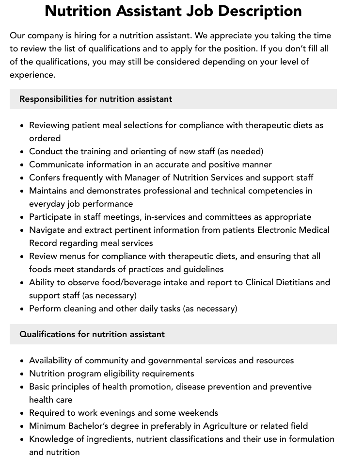 Nutrition Service Assistant Job Description Besto Blog Nutrition Service Assistant Job Description Besto Blog